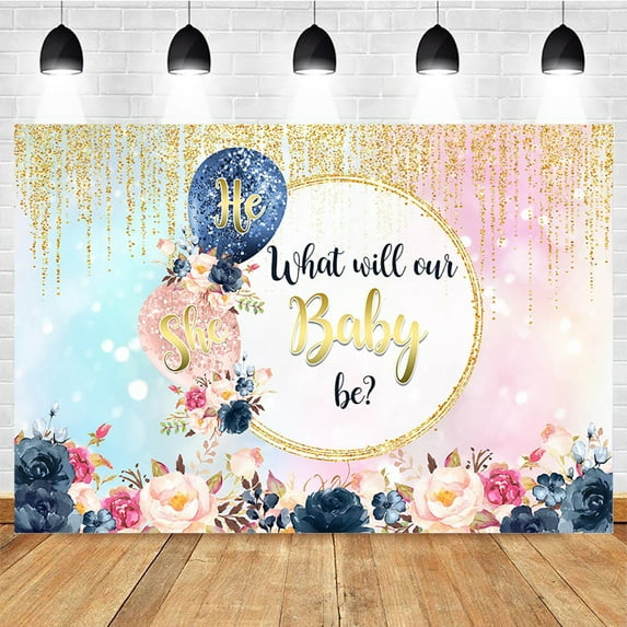 Gender Reveal Photography Background Golden Glitter Floral Decoration ...