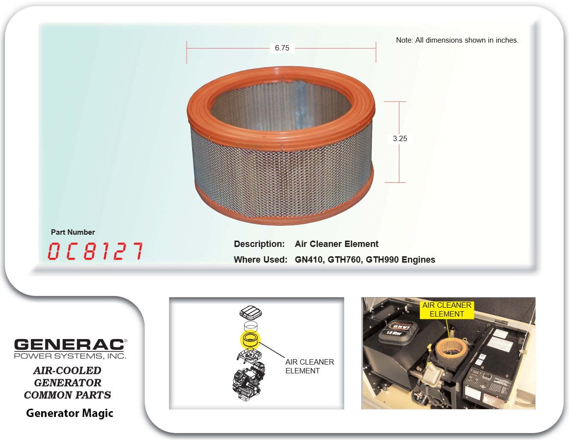 Generac Guardian Air Filter 0C8127 for V-Twin 760 cc & 990 cc Engine ...