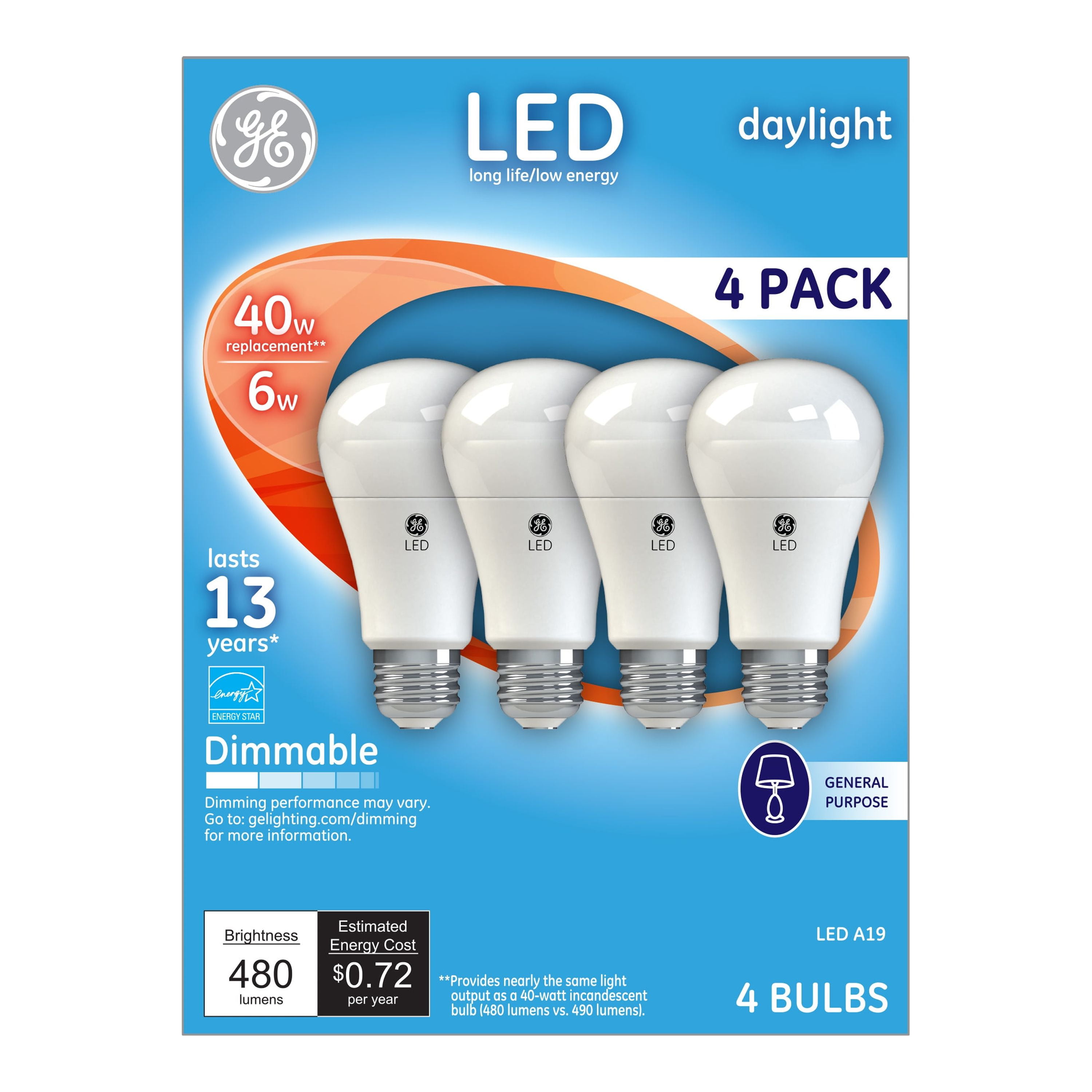 GE LED 6W Daylight General Purpose, A19 Medium Base, Dimmable, 4pk ...