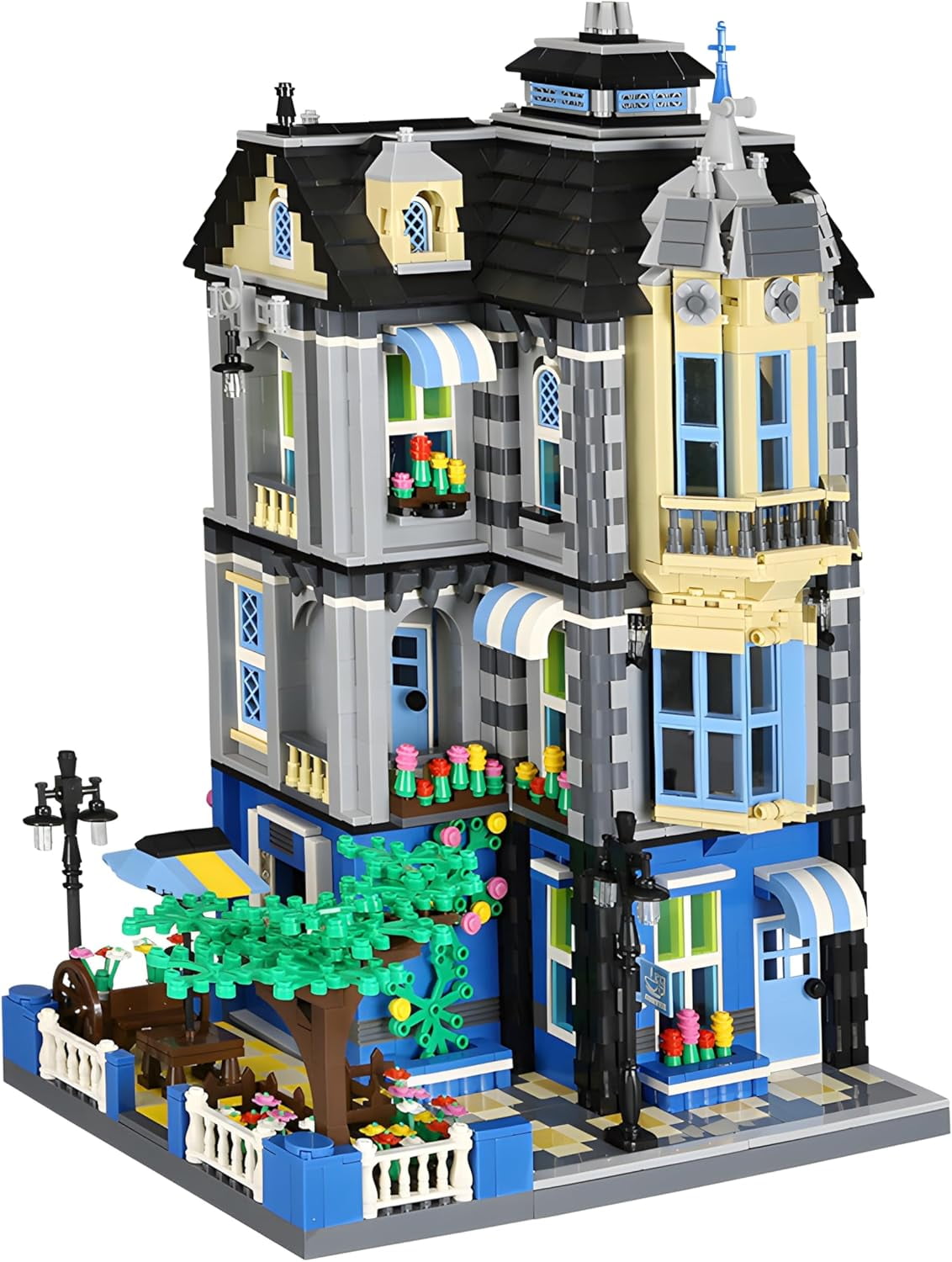 General Jim's 3-Story Victorian Townhouse & Garden Coffee Shop 2313-Piece Blue & Yellow Modular ...