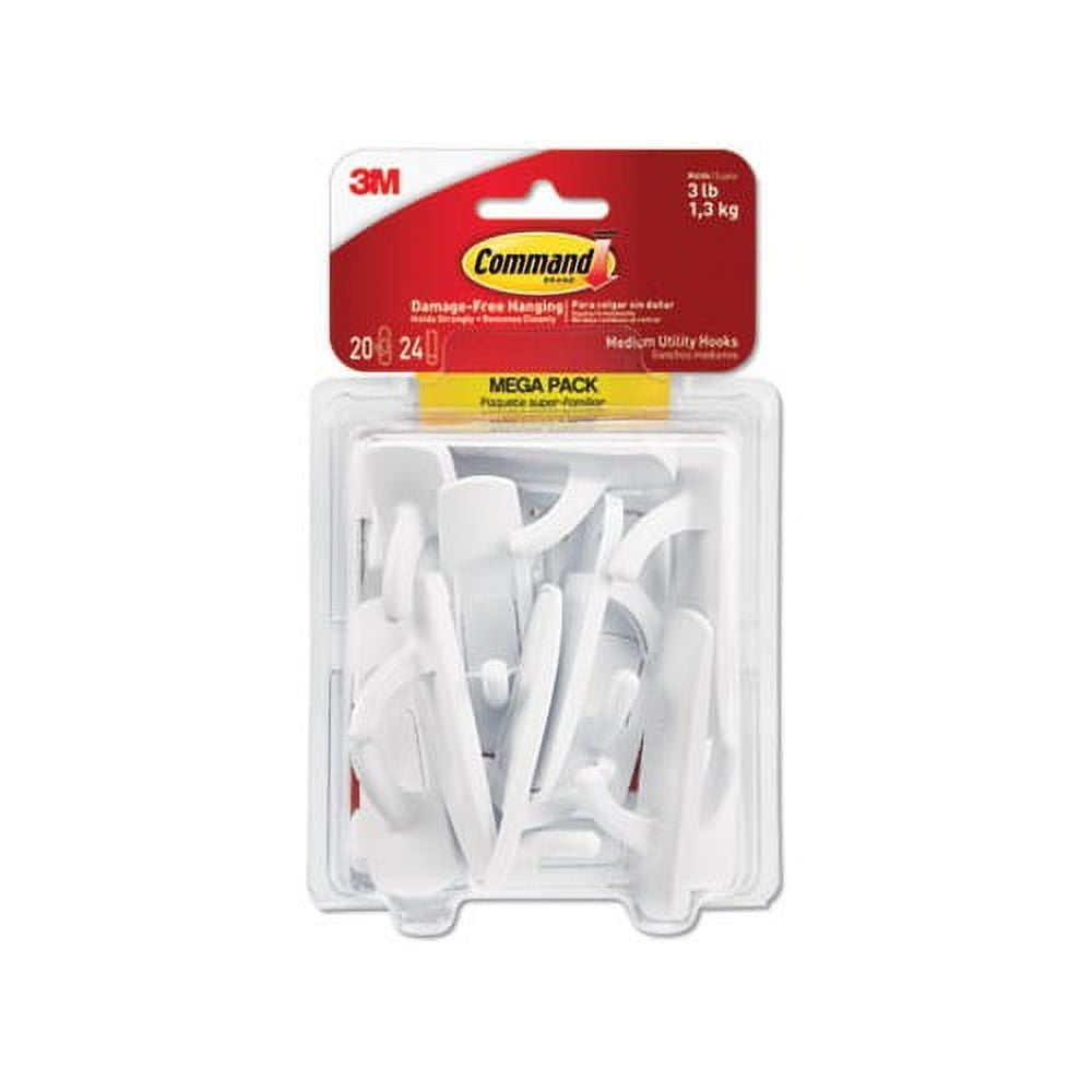 General Purpose Hooks Medium, 3 lb Cap, White, 20 Hooks and 24 Strips ...
