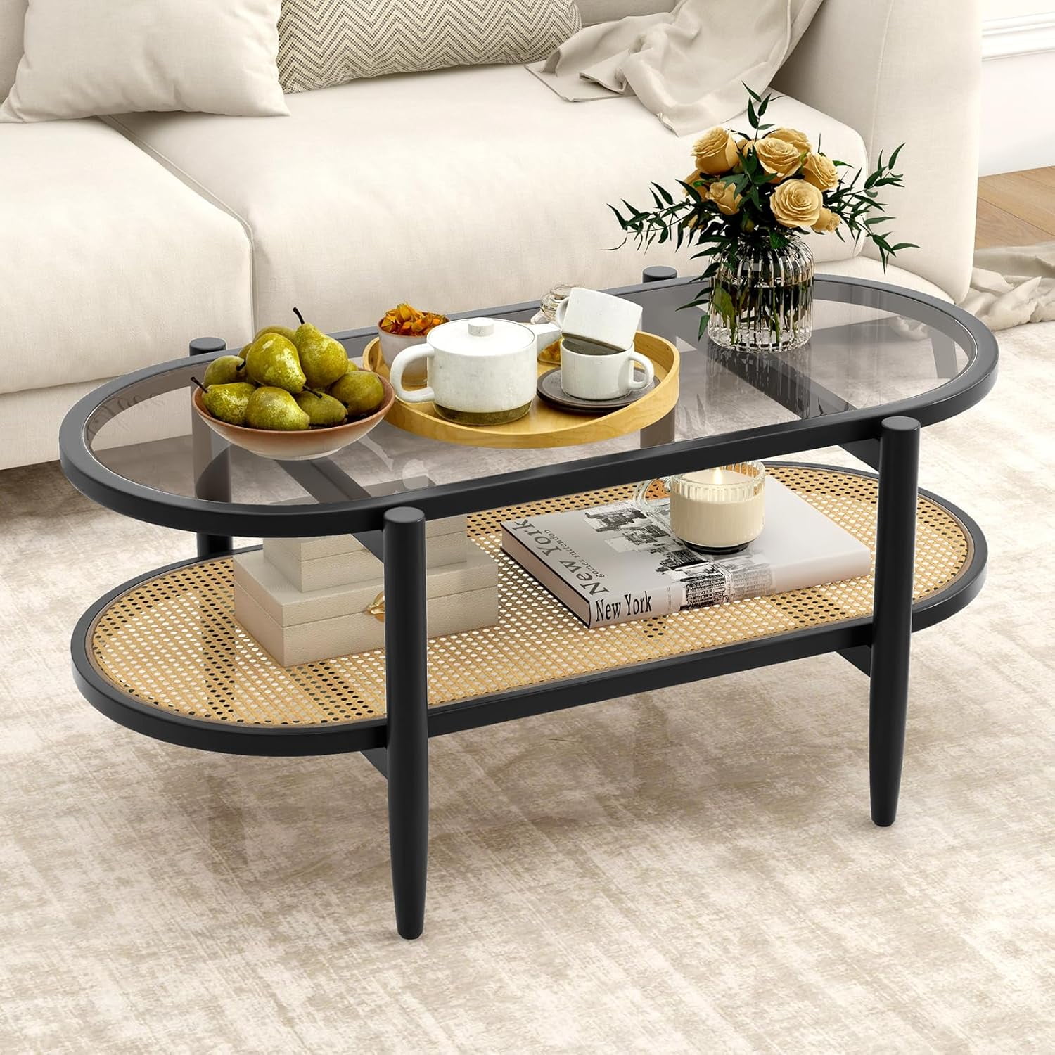 General Rattan Coffee Table, 2-Tier Oval Wood Tea Table with Tempered ...