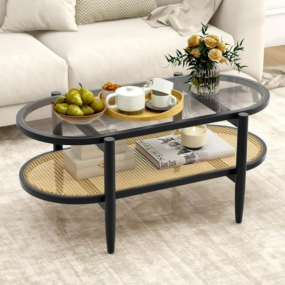 General Rattan Coffee Table, 2-Tier Oval Wood Tea Table with Tempered ...