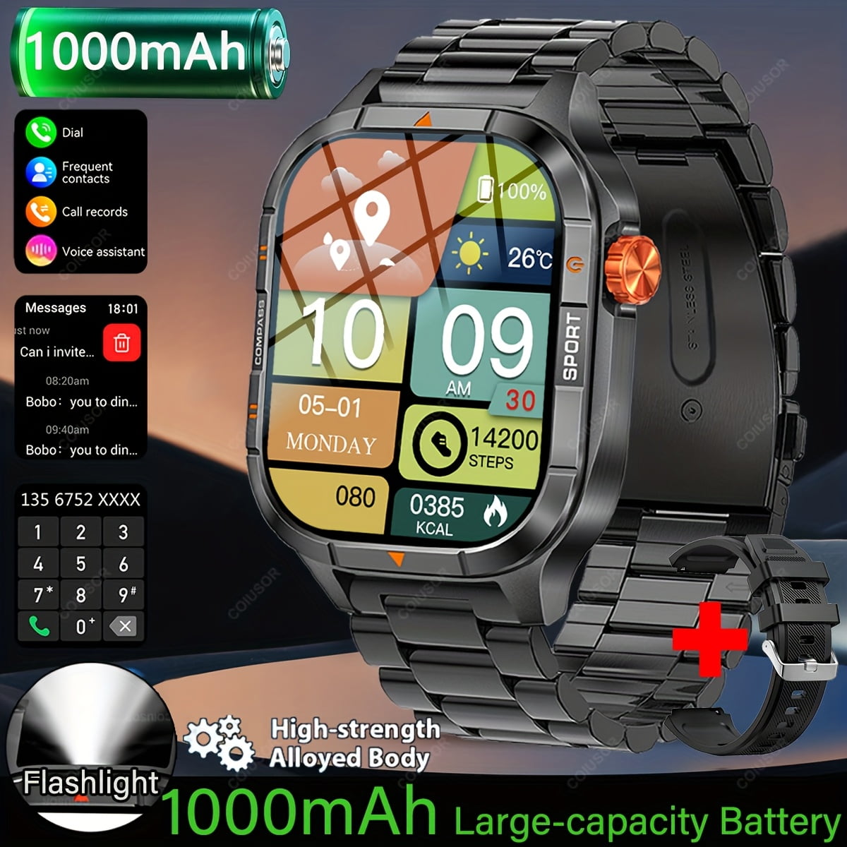 General Smartwatch: 2.01" HD Fitness Tracker, 1000mAh Battery, LED ...