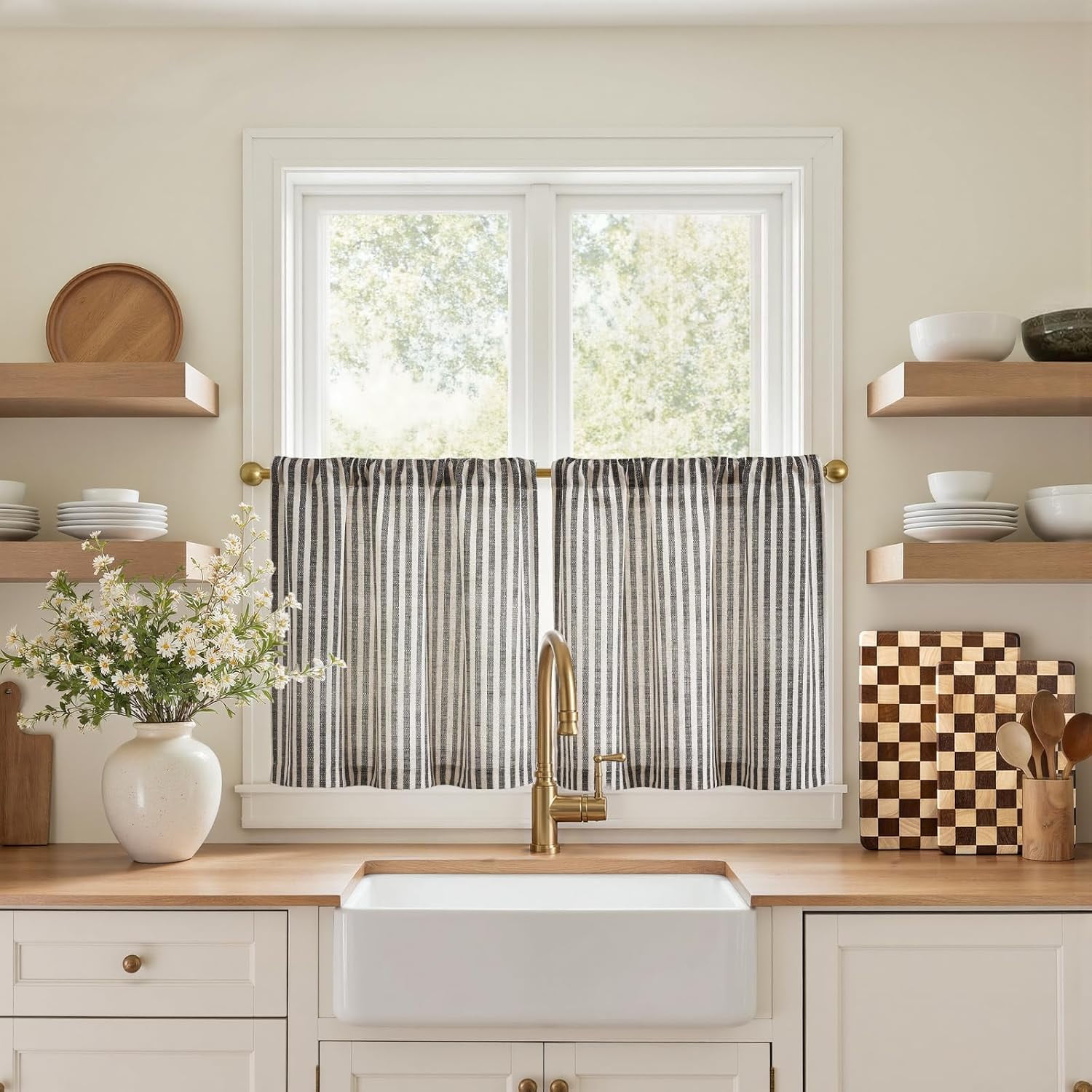 General Striped Linen Kitchen Curtains 20 Inches Length Tier Curtains ...