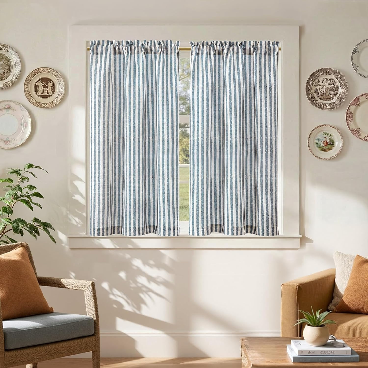General Striped Linen Kitchen Curtains 45 Inches Length Tier Curtains ...