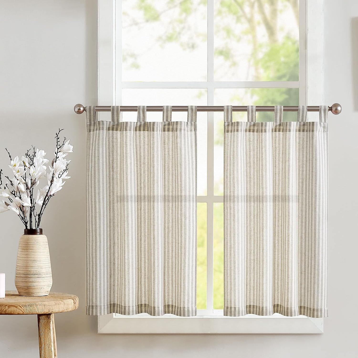 General Tab Top Linen Kitchen Curtains 24 Inches Striped Tier Curtains ...