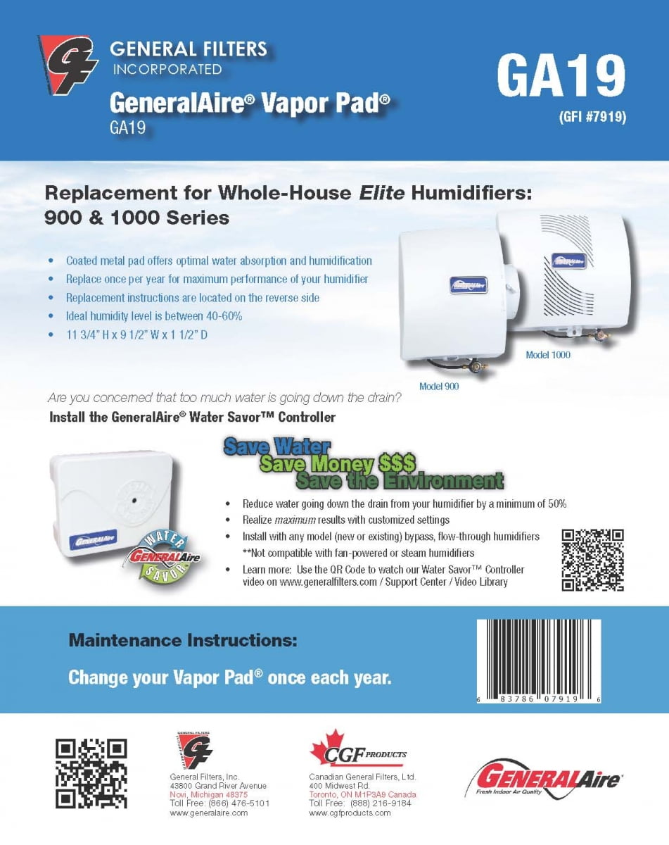 GeneralAire GA19 - Vapor Pad for Elite Humidifier Models 900 & 1000 ...
