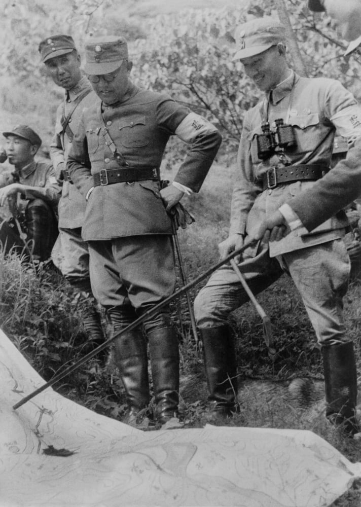 Generalissimo Chiang Kai Shek And Other Chinese Officers They Are Outdoors With A Map Planning