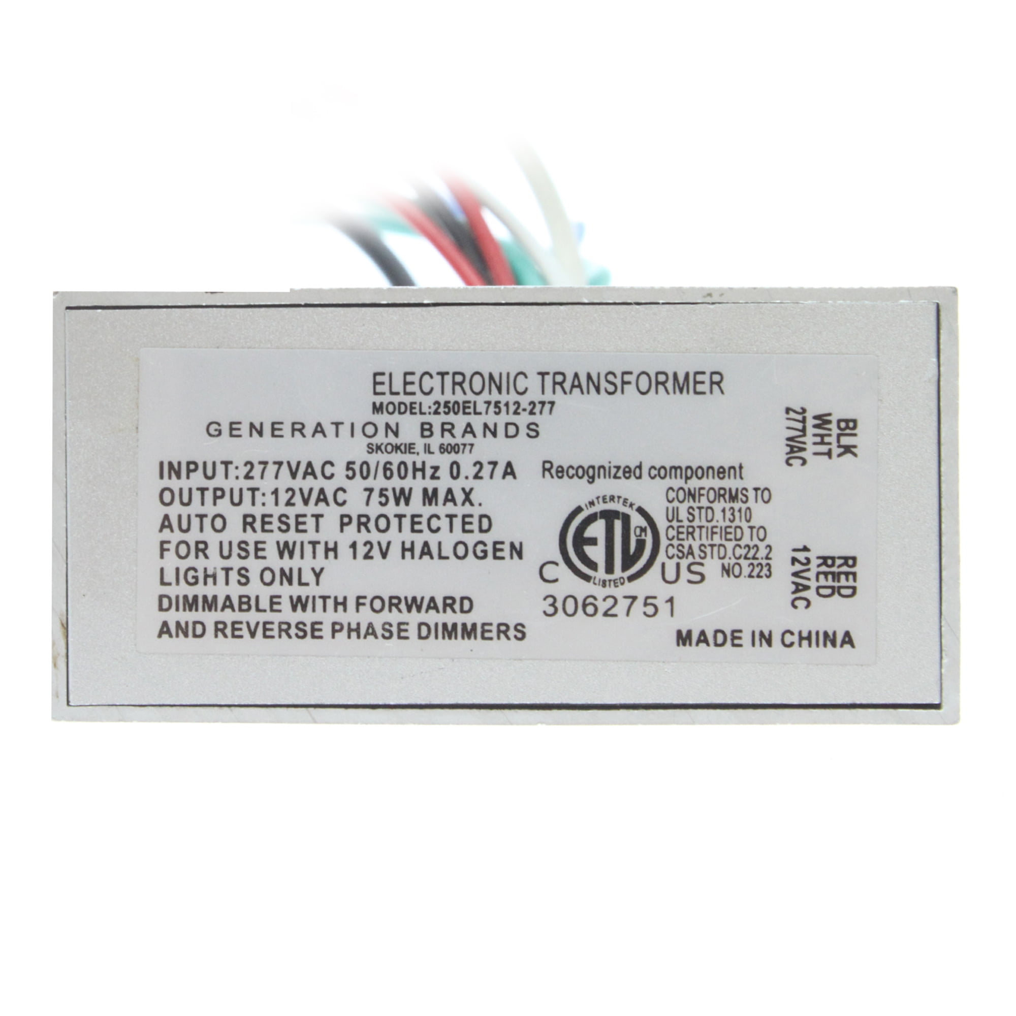 Generation Brands 250EL7512-277 Low Voltage Electronic Transformer, 12V ...