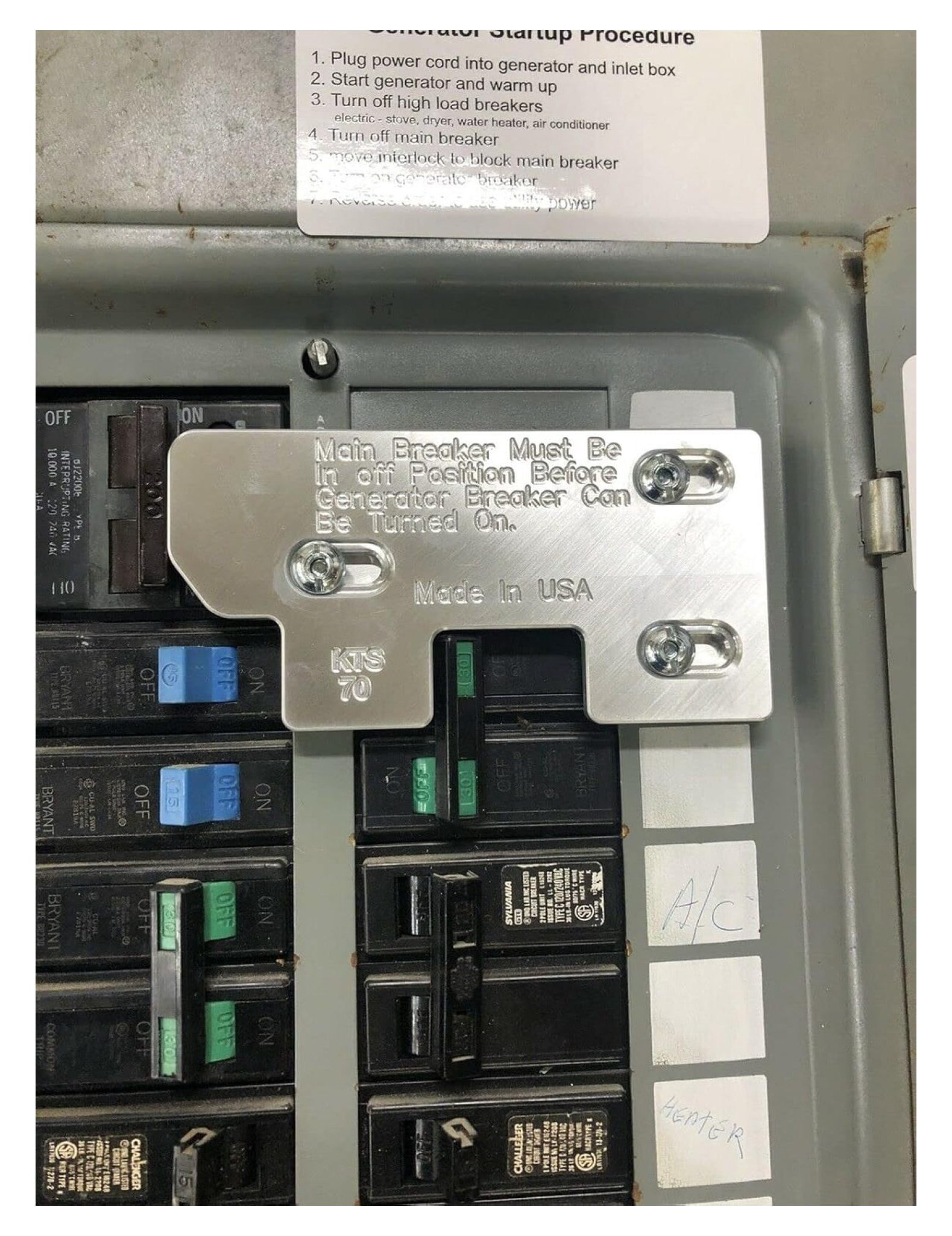 Generator Interlock WR-70 Compatible with Bryant or 200 amp Panel ...