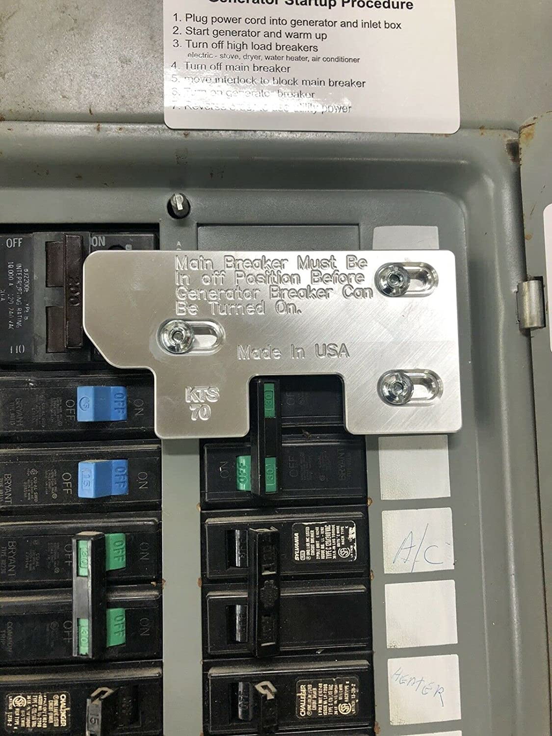 Generator Interlock WR-70 Compatible with Bryant or 200 amp Panel ...