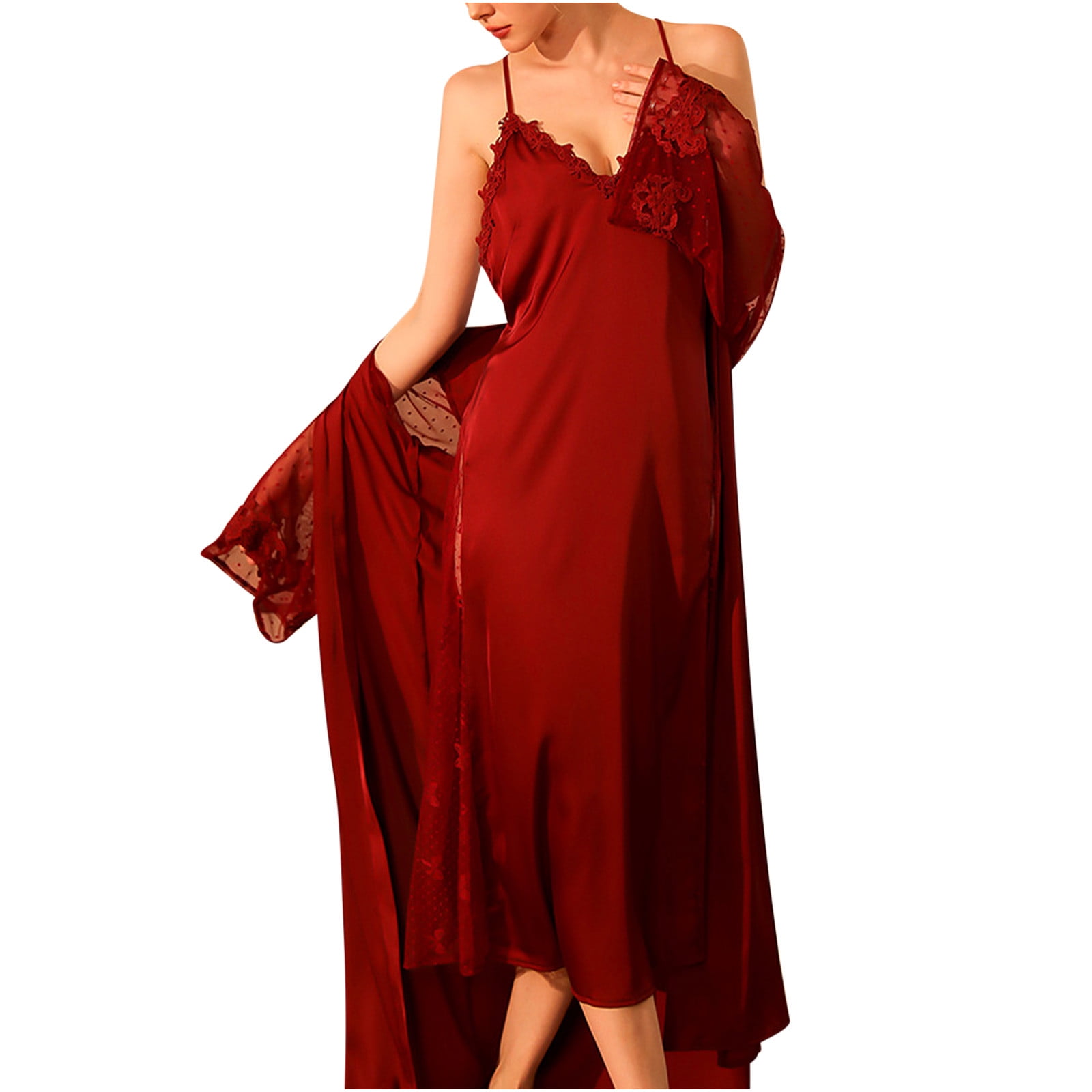 Generic 2 Piece Womens Satin Nightgowns with Long Robe Set Sexy Silk ...