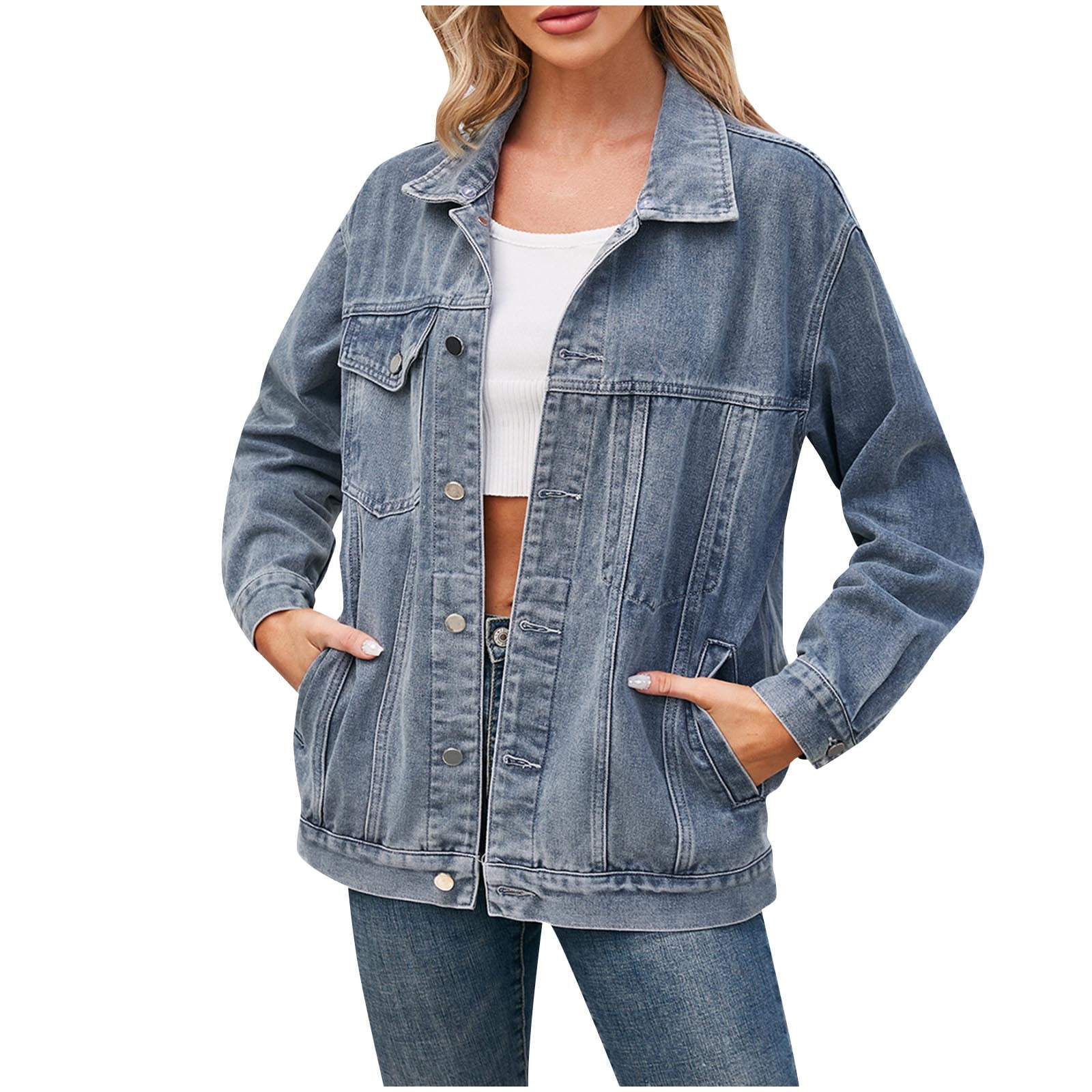 Generic 2024 Jean Jackets for Women Fashion Oversized Button Down Denim ...
