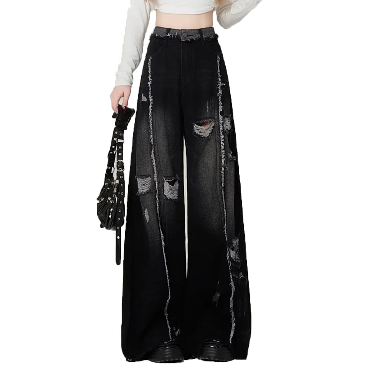 Generic 2025 Autumn Winter Retro Black Ripped Wide Leg Jeans New High ...