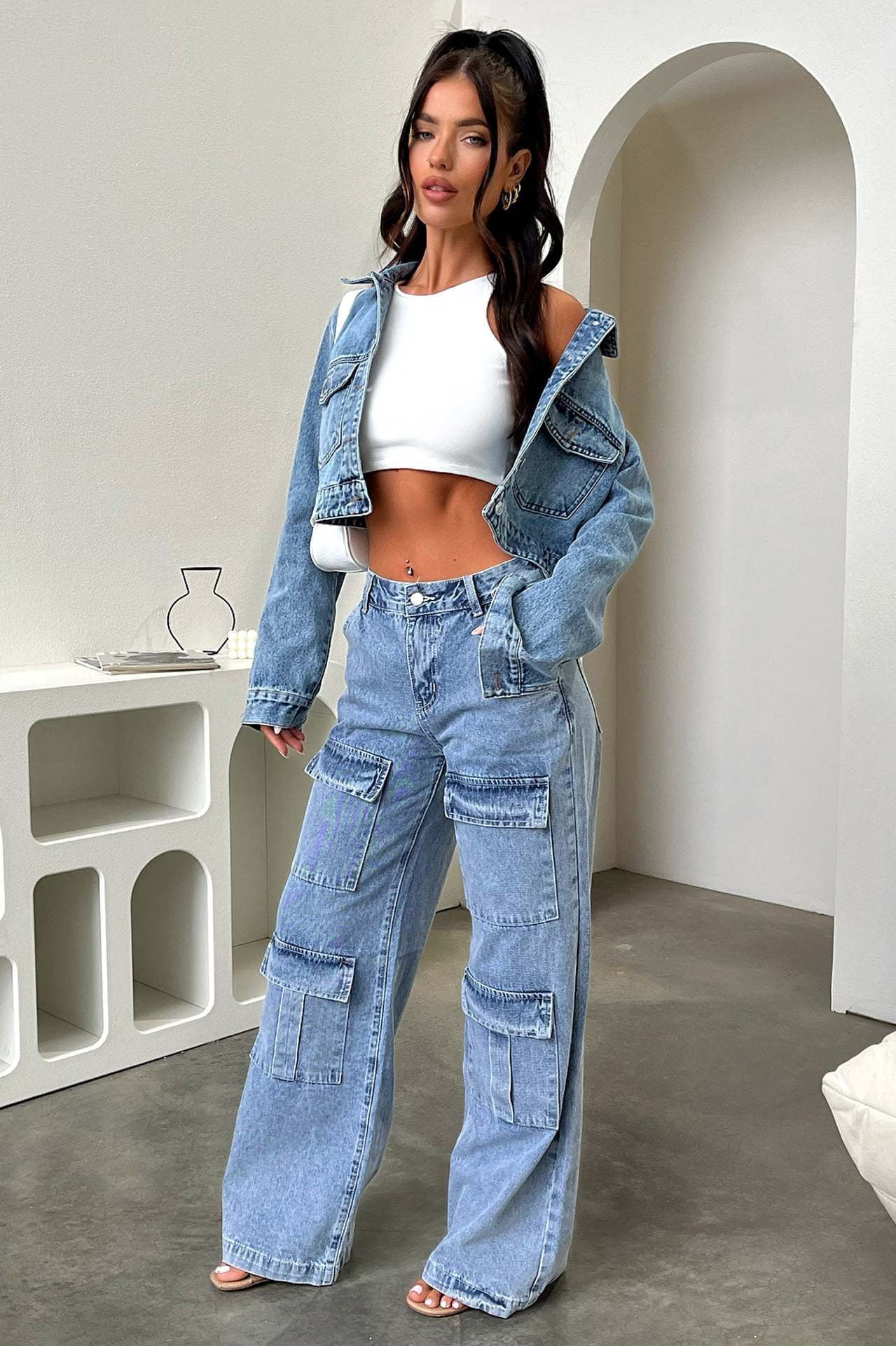 Generic 2025 Fashion Vintage Pocket Washed Straight Cargo Jeans Joint ...