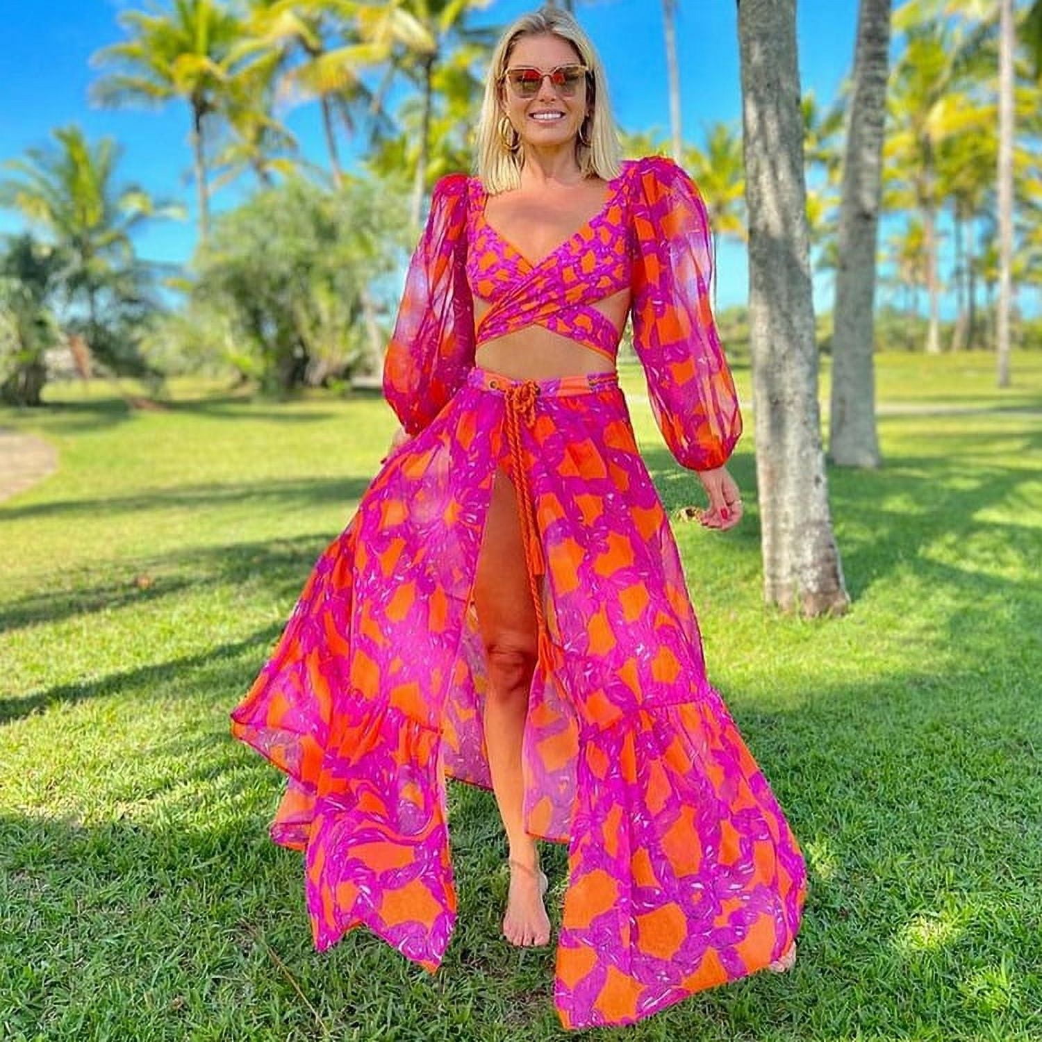 Generic 2025 New Bikini V-neck Long Sleeve Back Strap Printing High Waist Separated Clothes ...