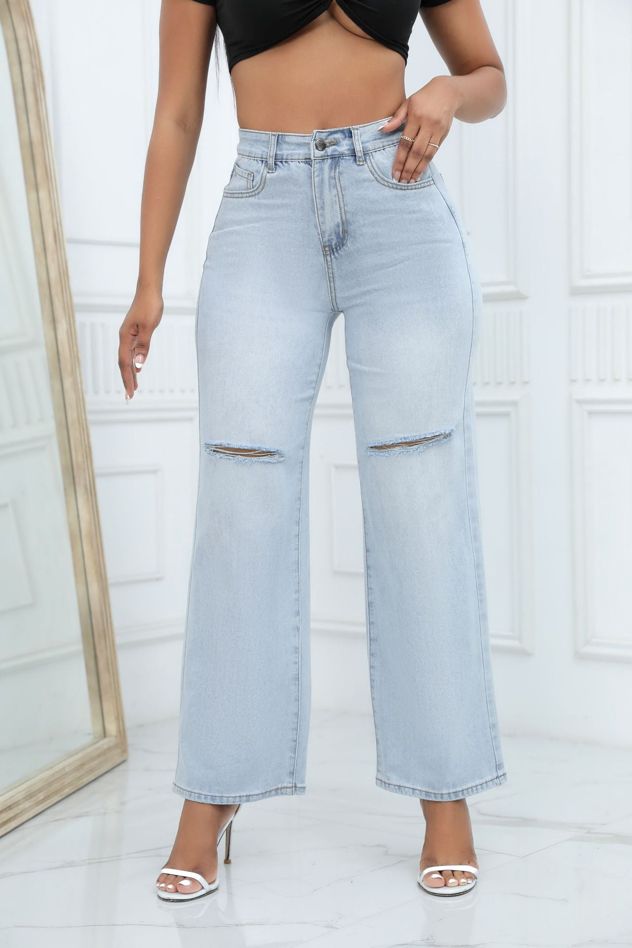 Generic 2025 New Elegant Ripped Denim Wide Leg Jeans for Women ...