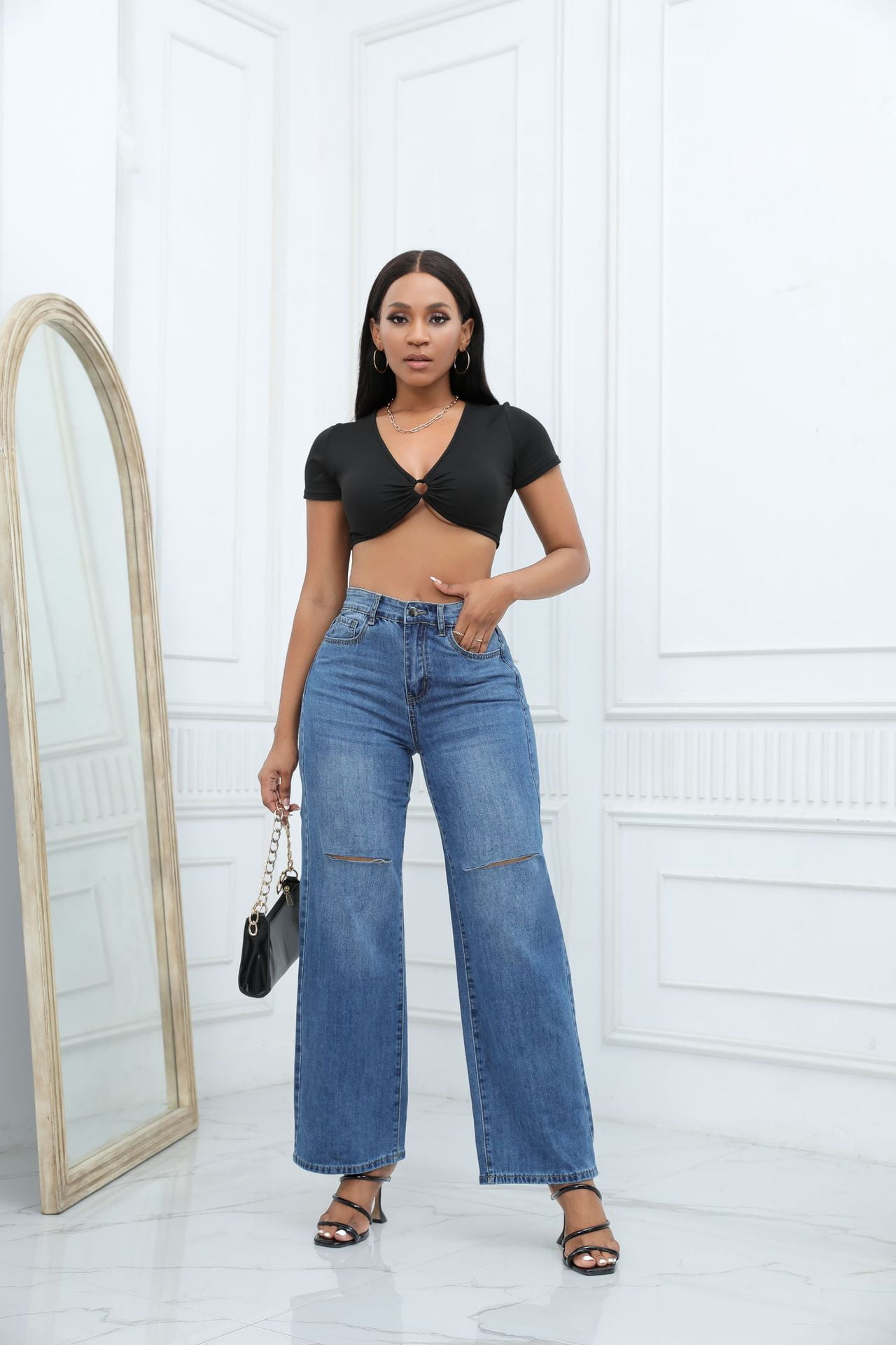 Generic 2025 New Elegant Ripped Denim Wide Leg Jeans for Women ...