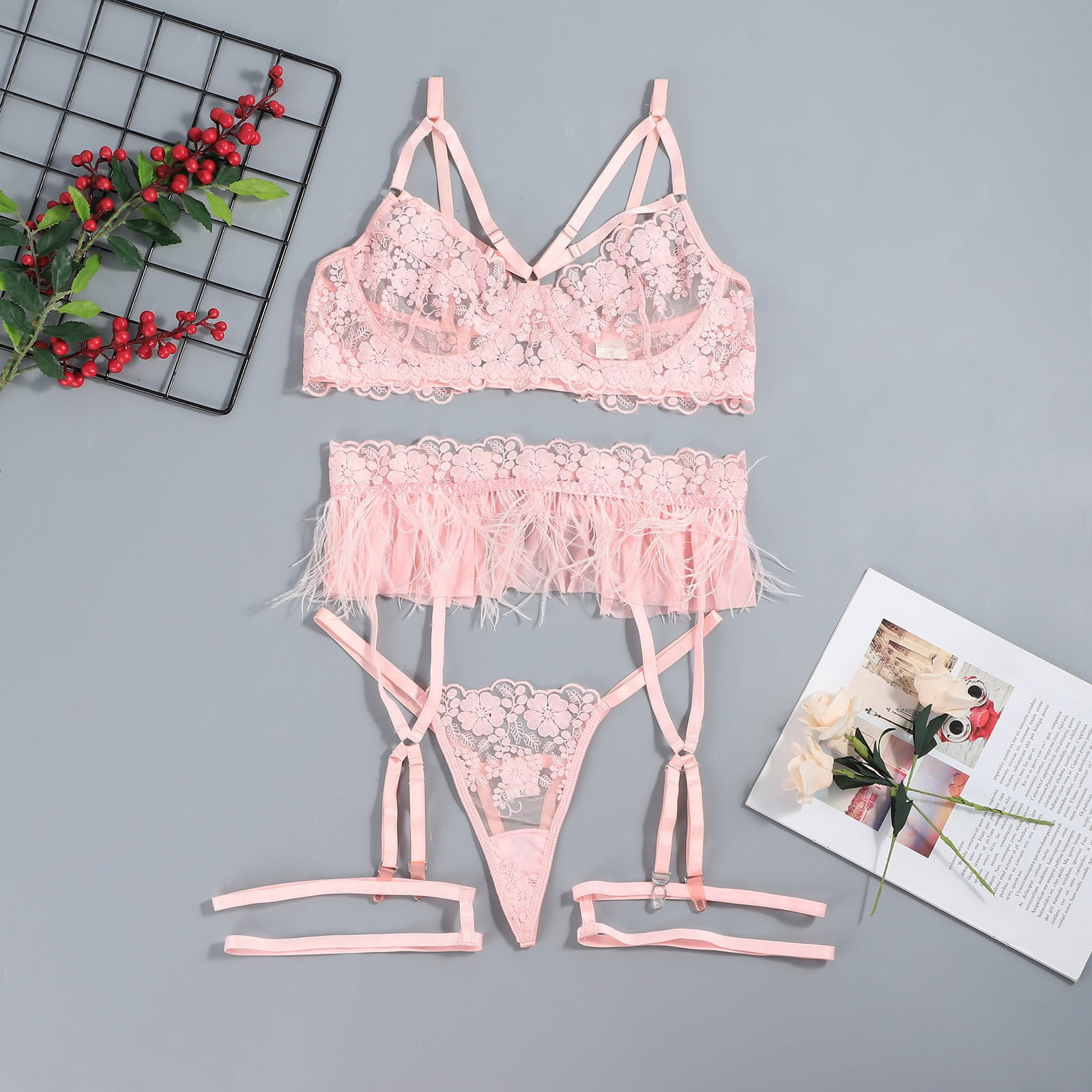 Generic 2025 New Women's Sexy Feather Hot Girl Sexy See-through Underwear Suit 22050 - Walmart.com