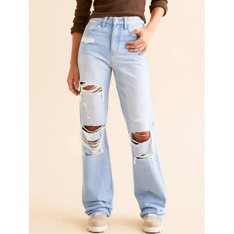 Generic 2025 New Women's Solid Color Simple Daily Ripped Denim Trousers ...