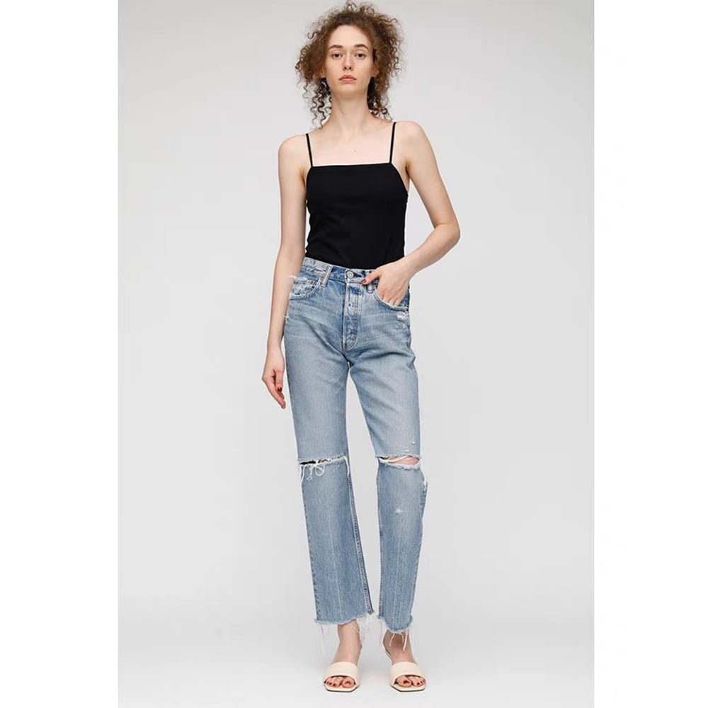 Generic 2025 One-Size Cut Ripped Wash Design Straight Cropped Jeans New ...