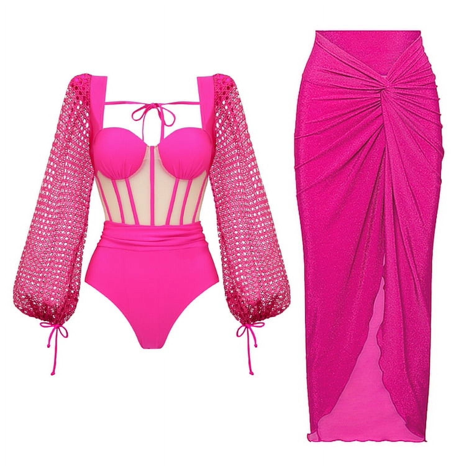 Generic 2025 Swimwear New Fluorescent Rose Red Mesh Fishbone Backless ...