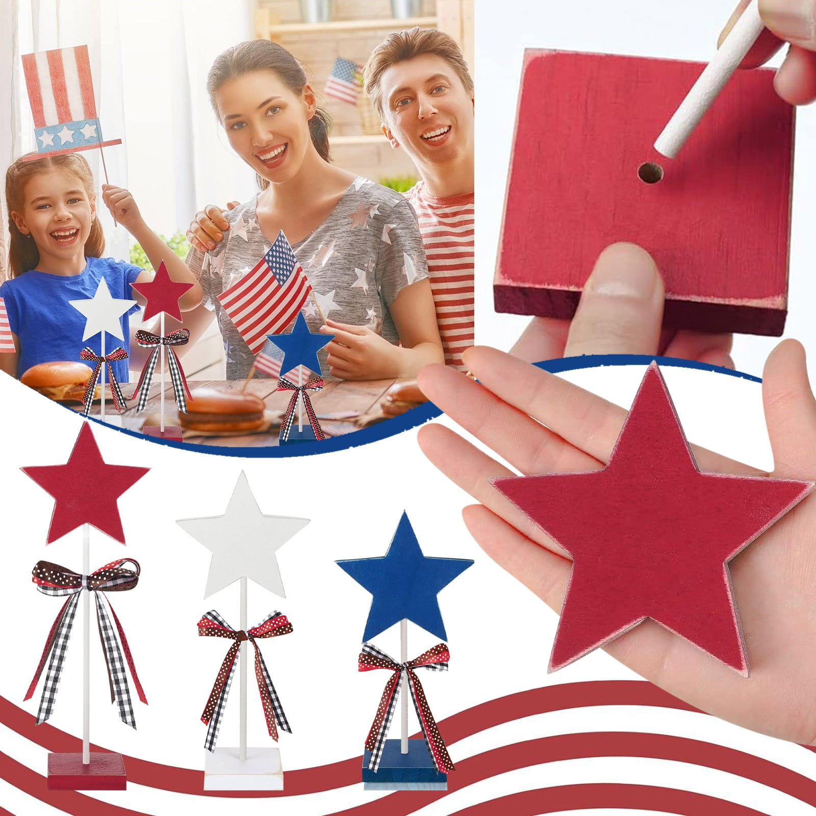 3 Pcs 4th of July Stars Decoration Patriotic Centerpieces Wooden ...