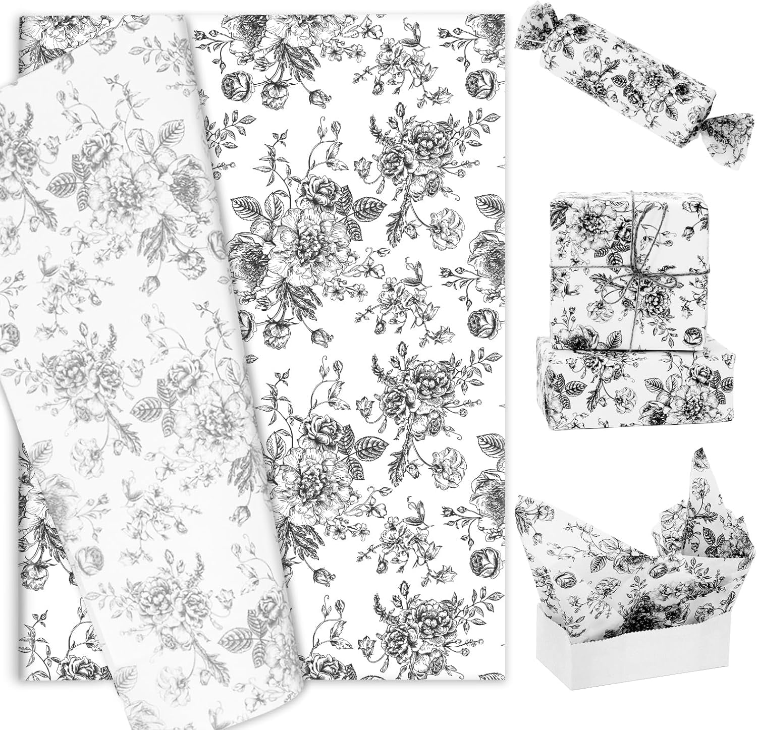 Generic 60 Sheets Black Floral Tissue Paper Chinoiserie Gift Wrapping ...