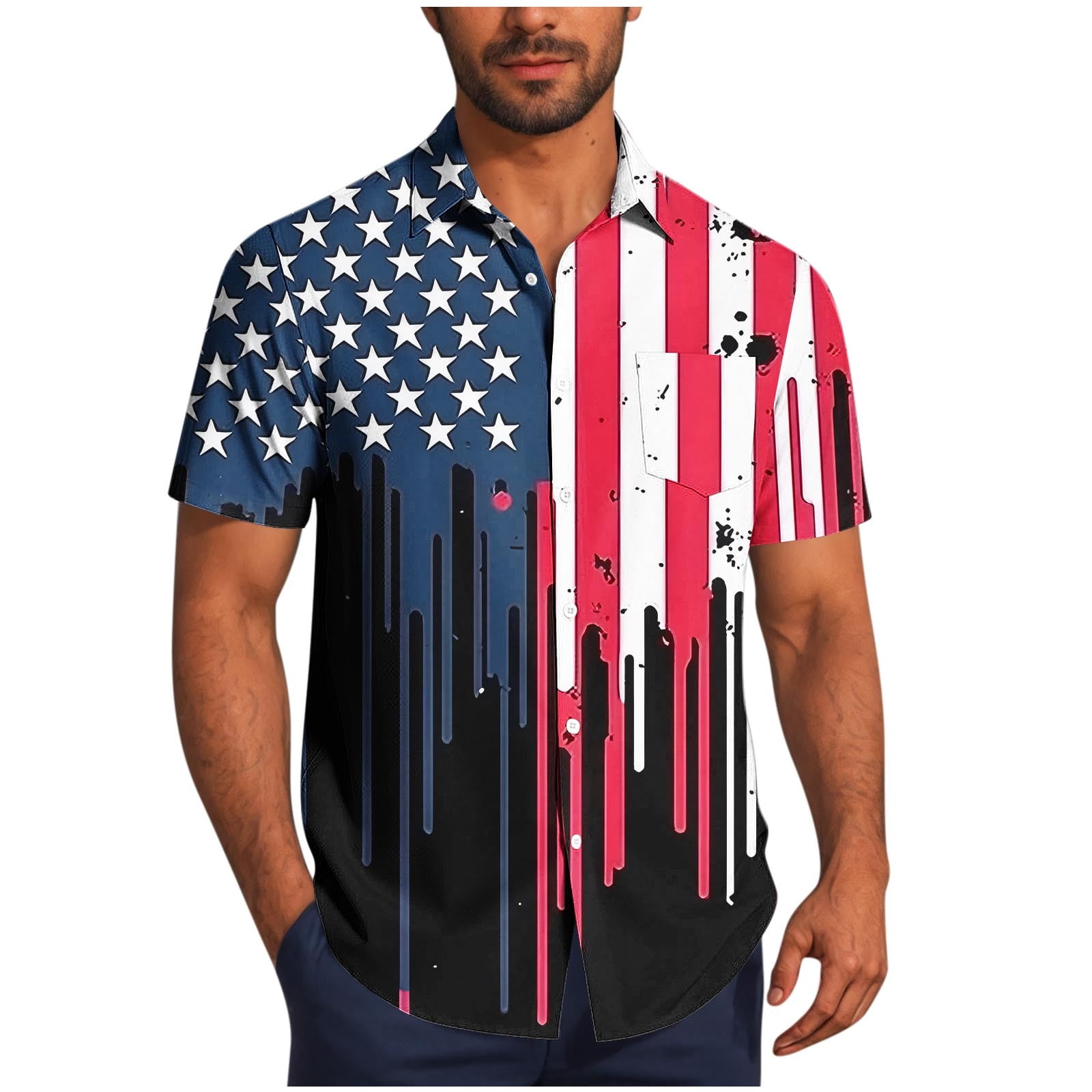 Generic American Flag Skulll Mens Hawaiian Shirt Short Sleeve 3D ...