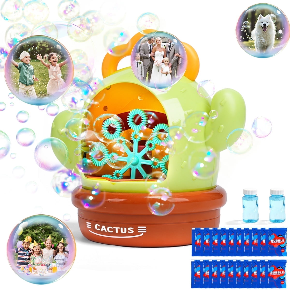 Cactus Automatic Bubble Maker, Kids' Fun Outdoor Toy with Music and Lights, 500-1000 Bubbles Per ...