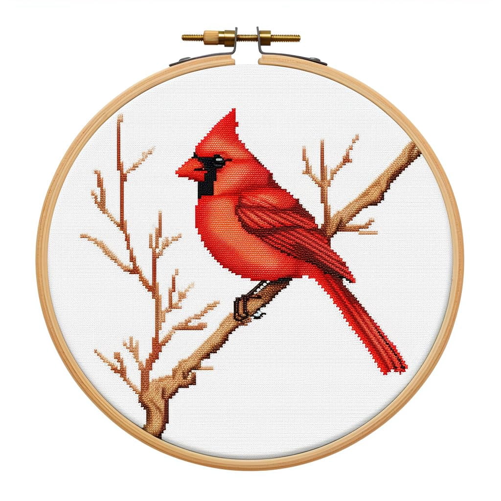 Generic Cartoon Simple Red Cardinal on Branch DIY Stamped Cross Stitch ...