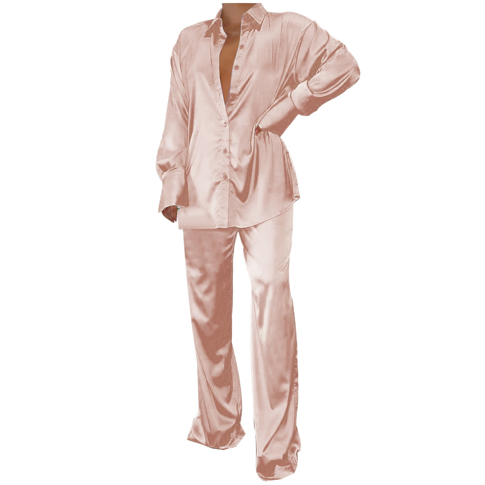 Generic Classic Plus Size Satin Pajamas for Women Long Sleeve Button ...