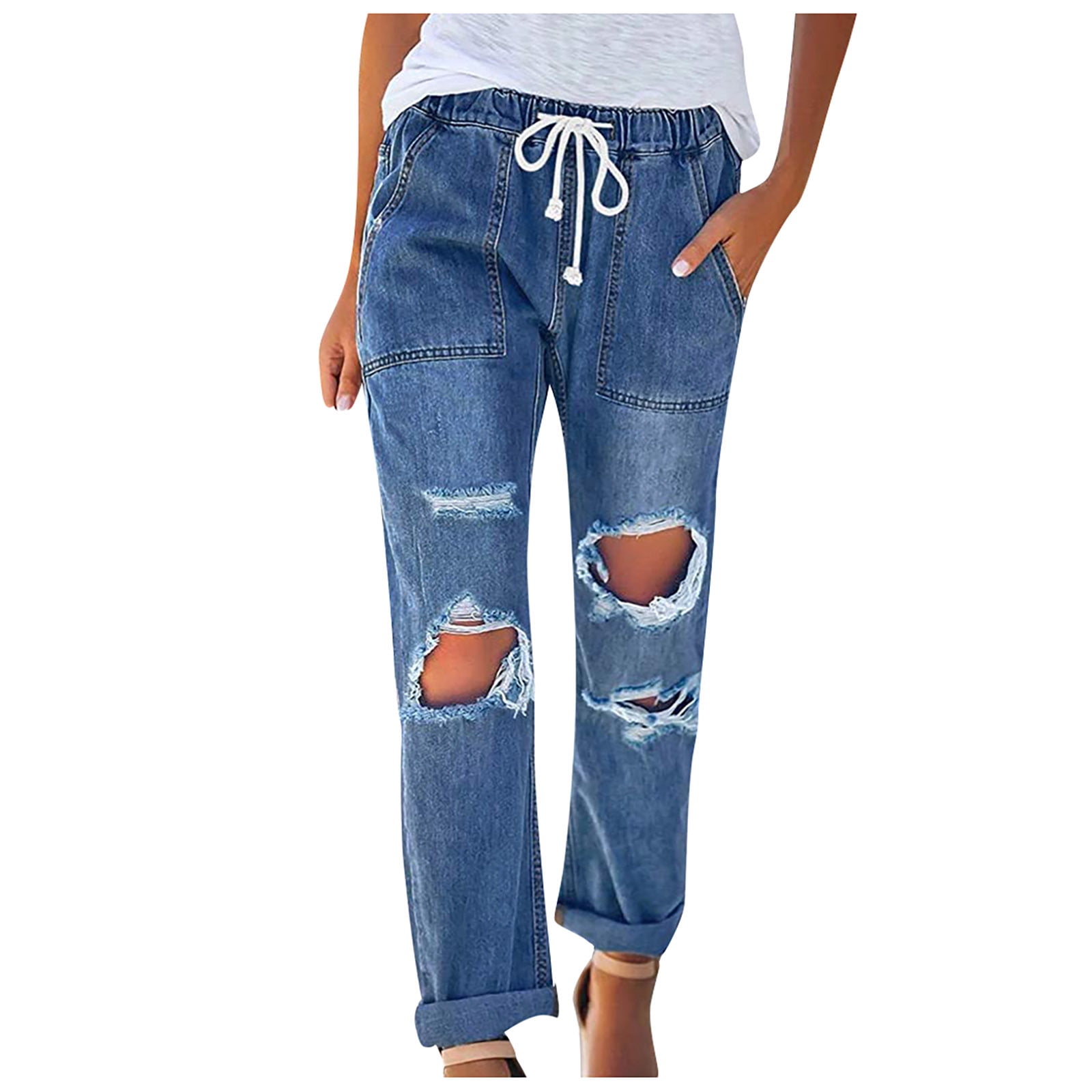 Generic Elastic Waist Drawstring Ripped Leisure Water Blue Slim Fit ...