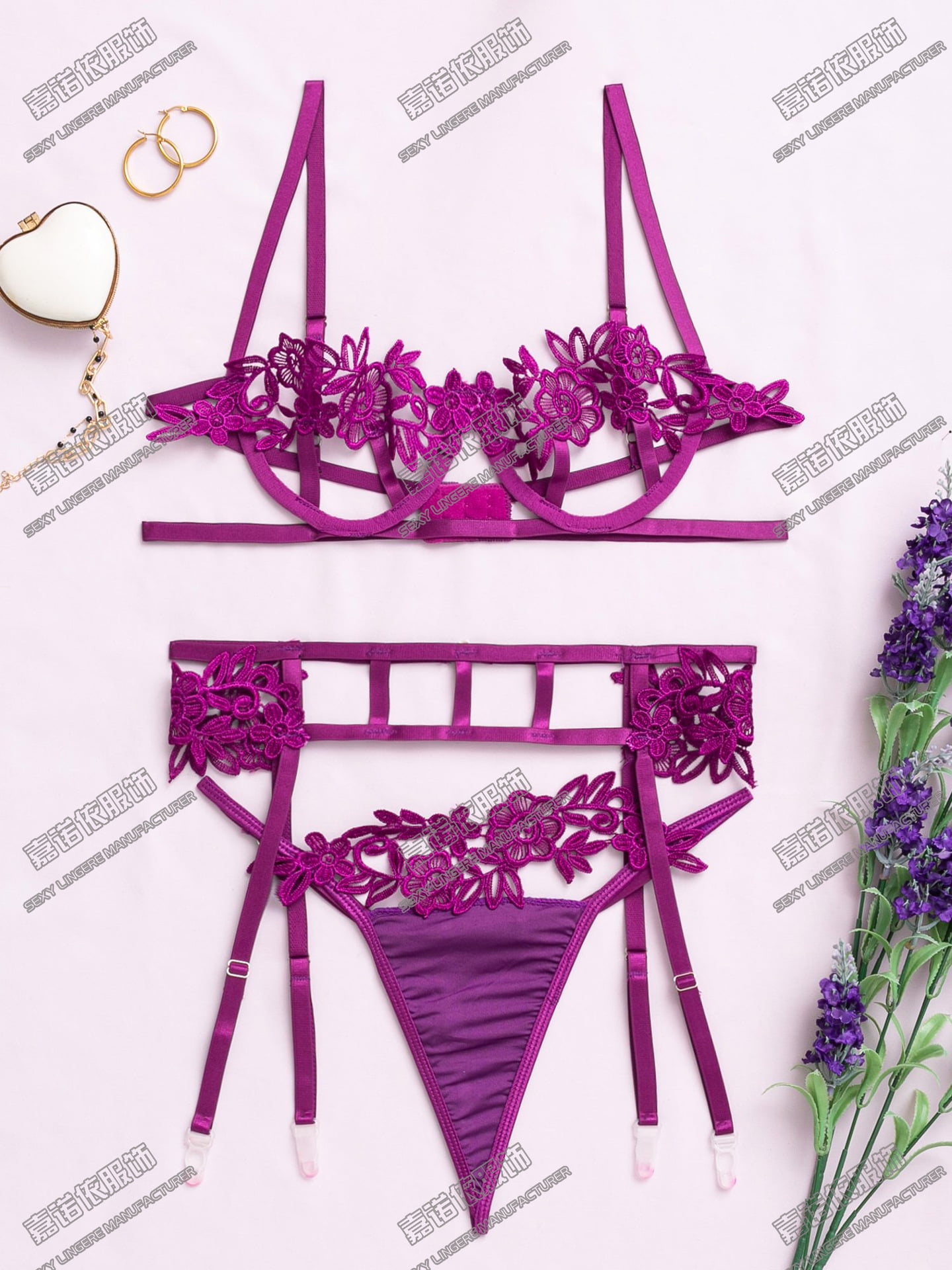 Generic Embroidered Lace Sheer Cutout Solid Color Garter Sexy Lingerie ...