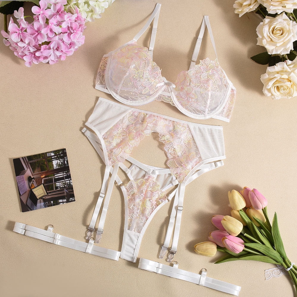 Generic Flower Embroidered Bra Contrast Color Complex Sexy Underwear 4-Piece Set - Walmart.com