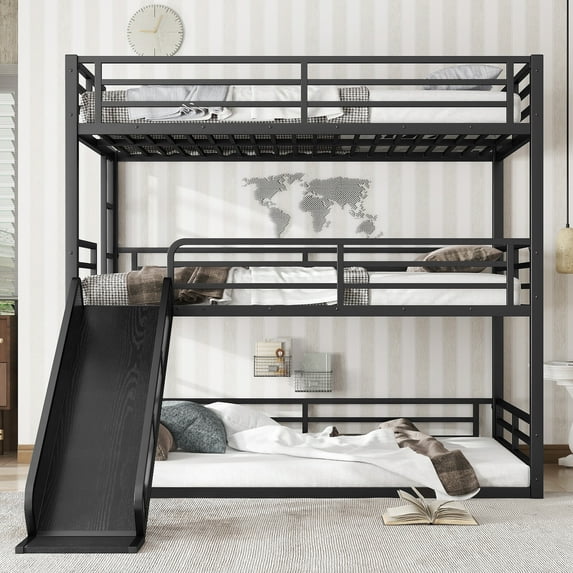 Generic Full over Full over Full Triple Bunk Bed with Slide - Heavy-Duty Metal Frame, Safety ...