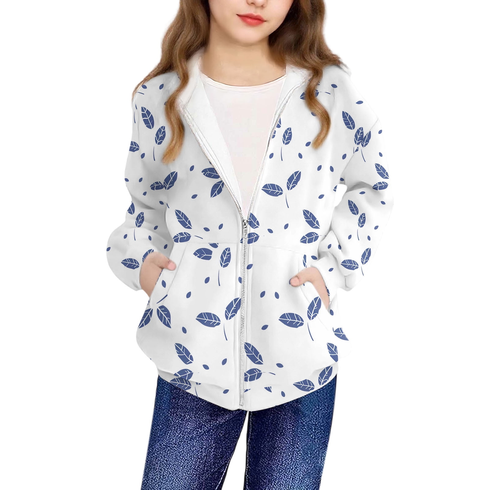 Generic Girls Floral Print Stand Collar Sweatshirt Full Zip Tee Tops ...