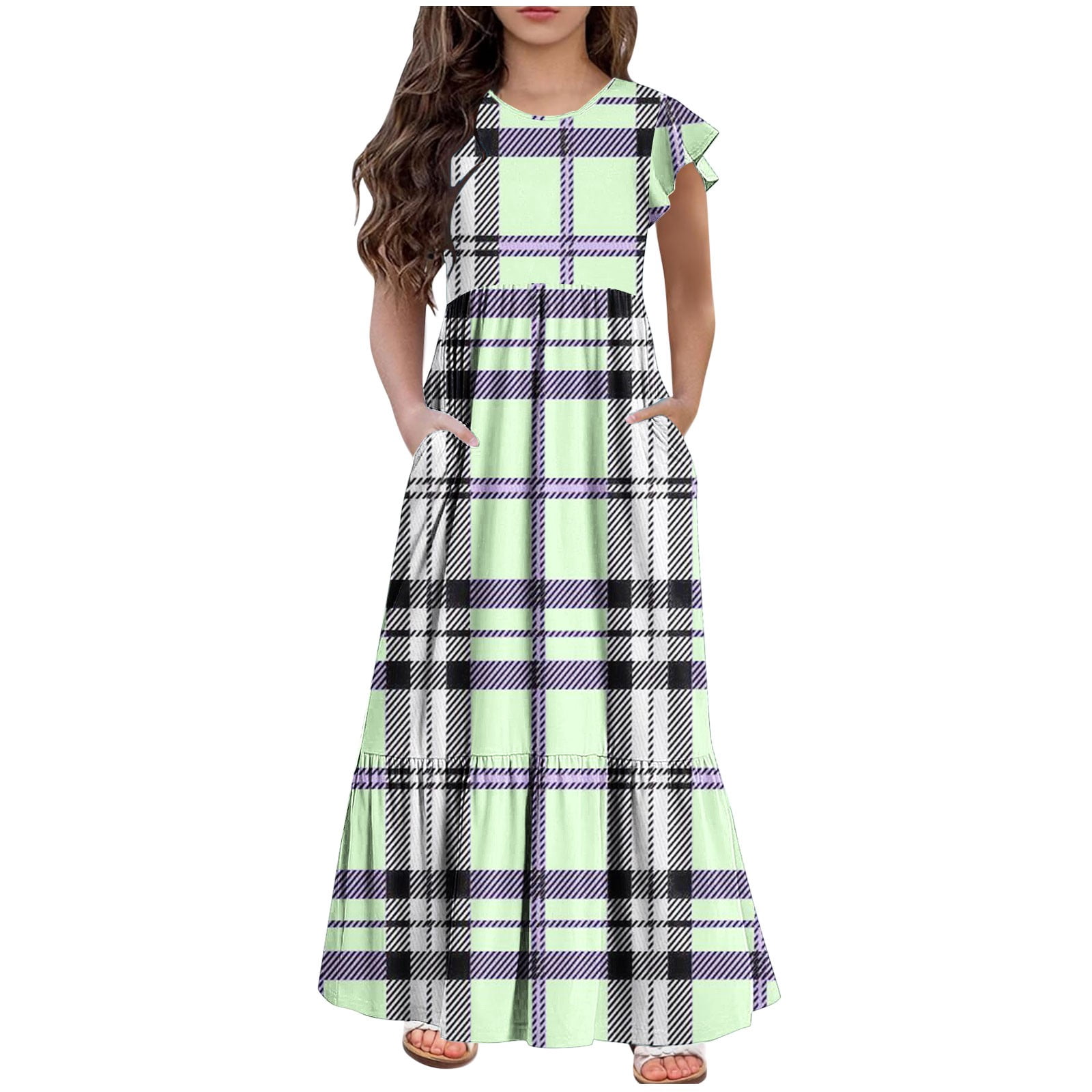 Generic Girls Kids Plaid Pattern Dresses with Pockets Summer Casual ...
