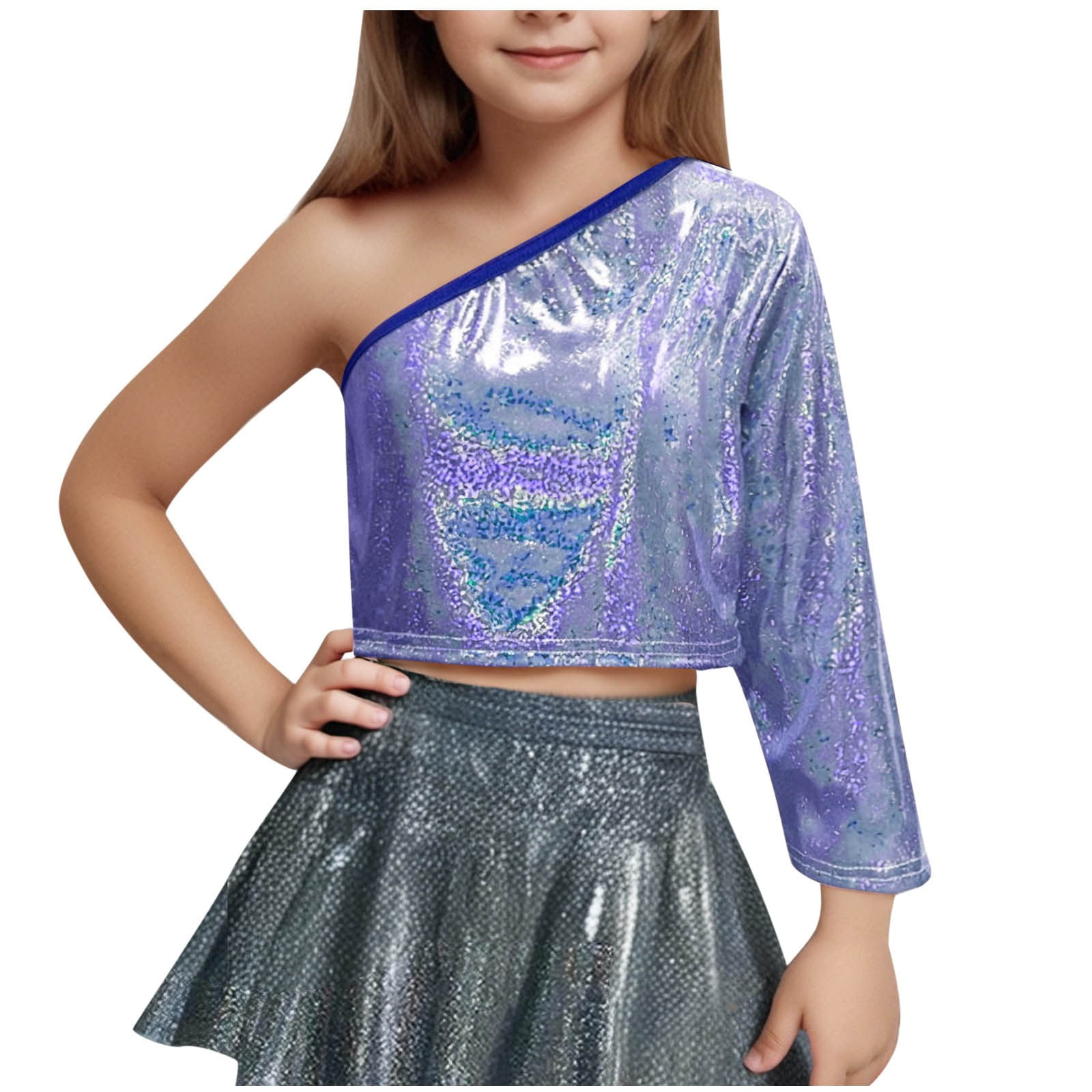 Generic Girls Sequin Dance Tshirts Trendy One Shoulder Metallic Shimmer ...