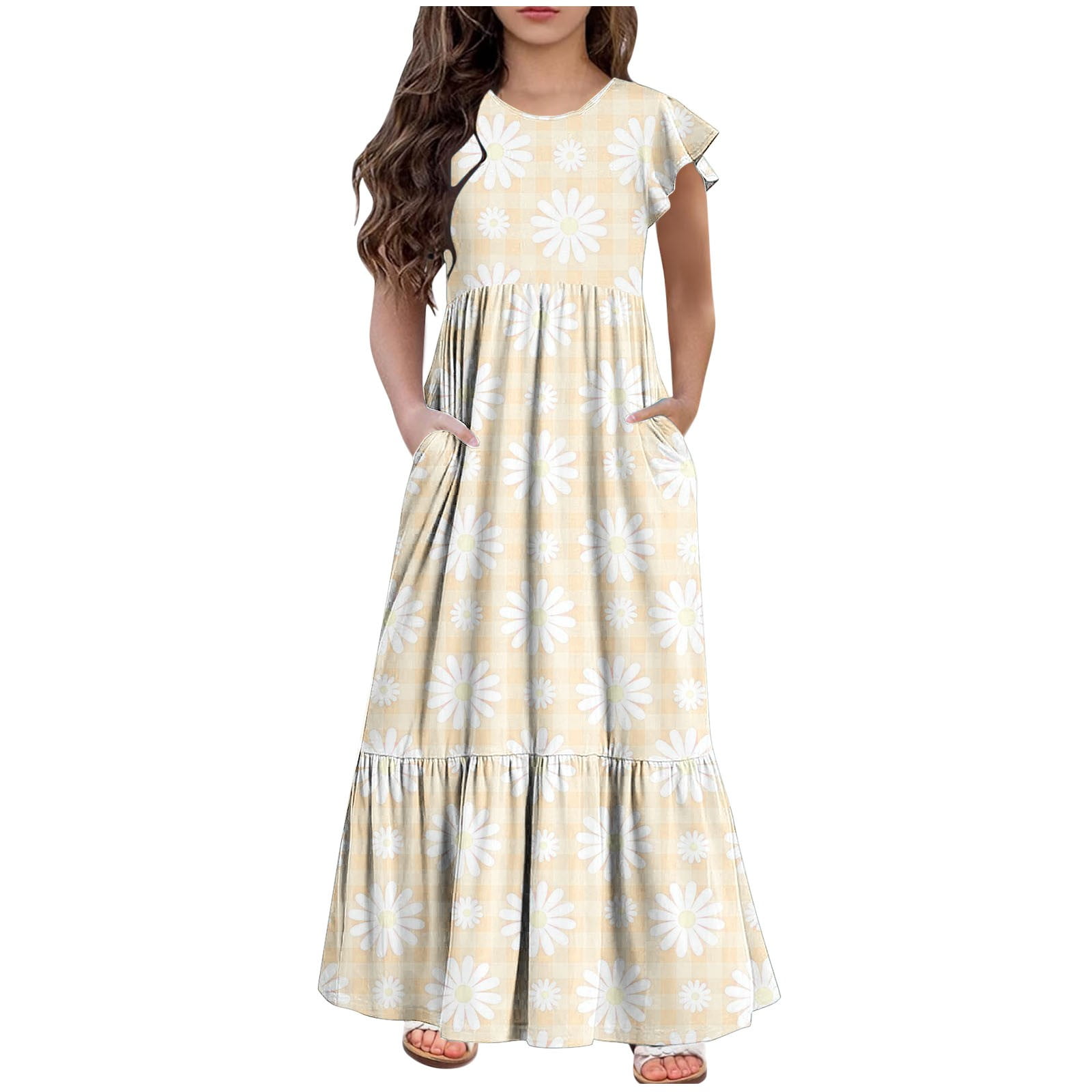 Generic Girls Summer Dresses Ruffle Sleeve Stretchy Waist Dress A Line ...