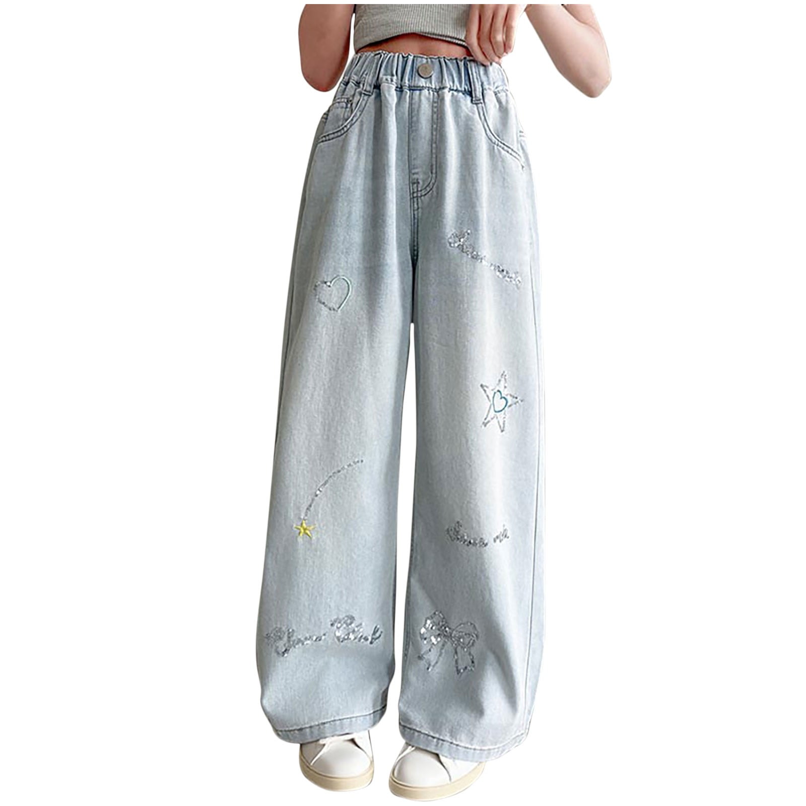 Generic Girls Wide Leg Jeans Baggy Y2K Elastic Waist Denim Pants ...