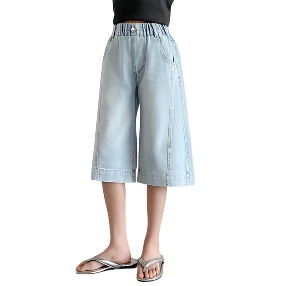 Generic Girls Y2K Denim Capri Pants Wide Leg Cropped Jeans Elastic High ...
