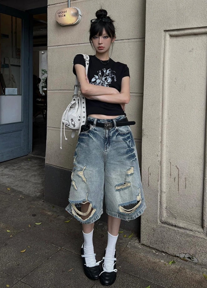 Generic High Street Design Sense Ripped Straight Fifth Jeans Women's ...