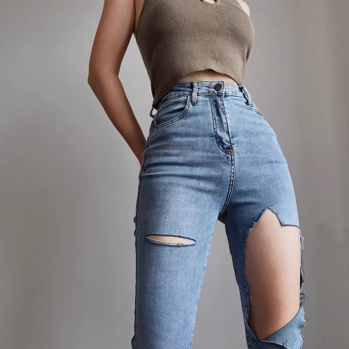 Generic Hot Girl Small Ripped Jeans for Women High Waist Tight Pencil ...