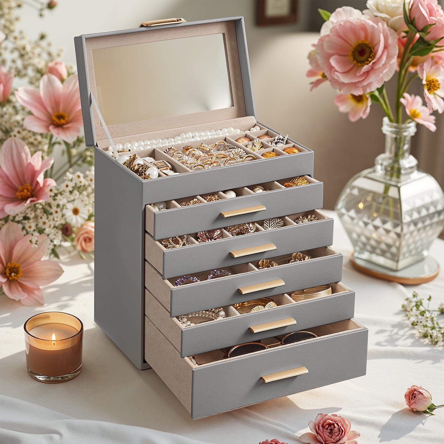 6-Layer Jewelry Organizer with Glass Lid, 5 Drawers, Modern Design ...