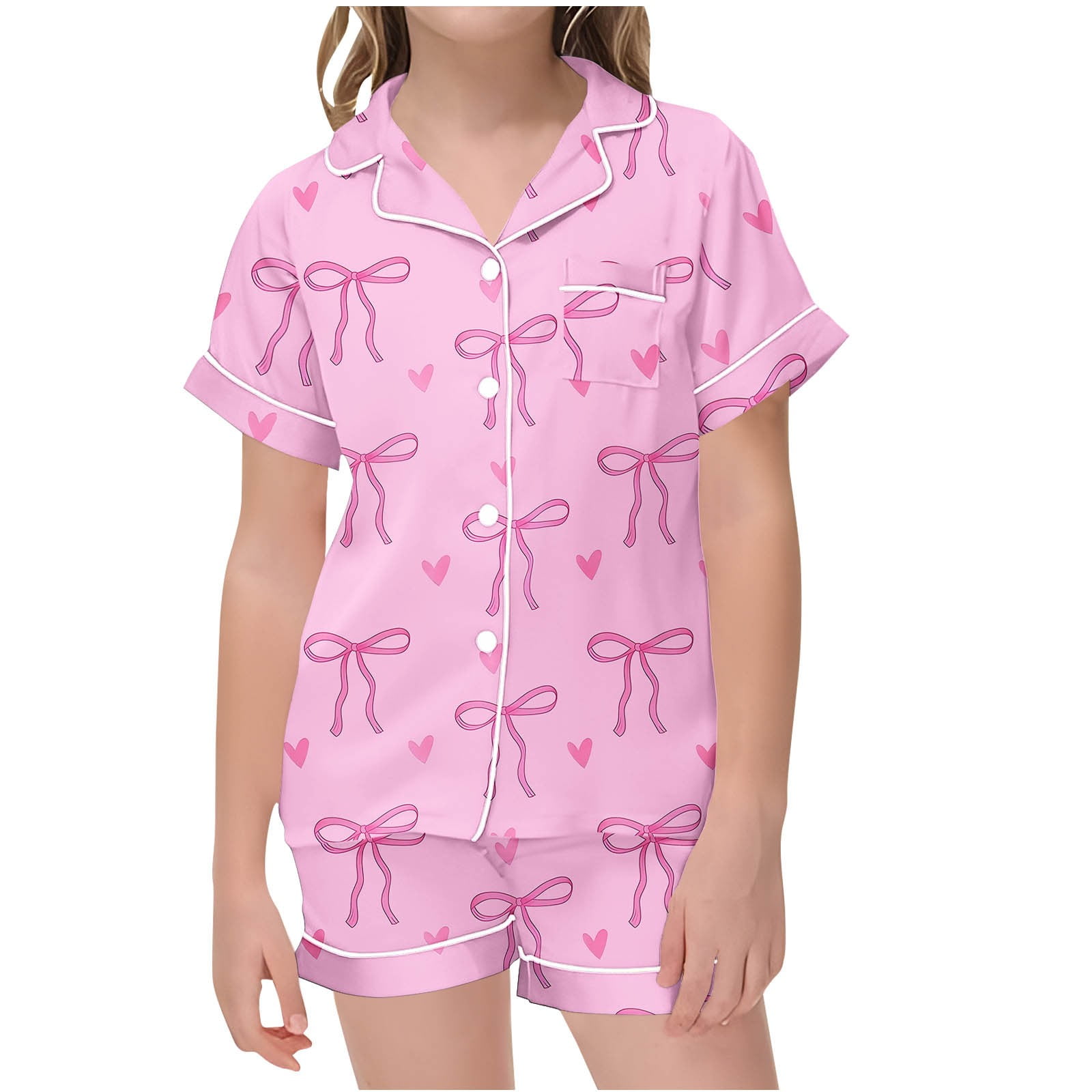 Generic Kids Girls 2 Piece Silk Pajama Set Bow Graphic Button Down ...