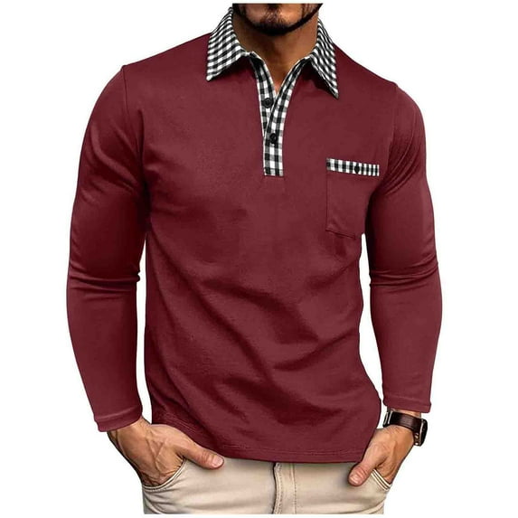 Generic Men's Stylish Plaid Patchwork Golf Shirts Long Sleeve Pullover ...