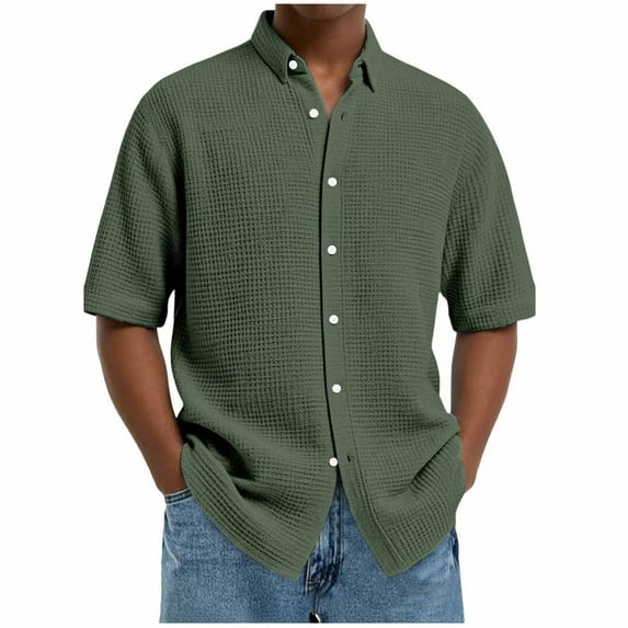 Generic Men's Waffle Button Down Shirt Lightweight Loose Short Sleeve ...