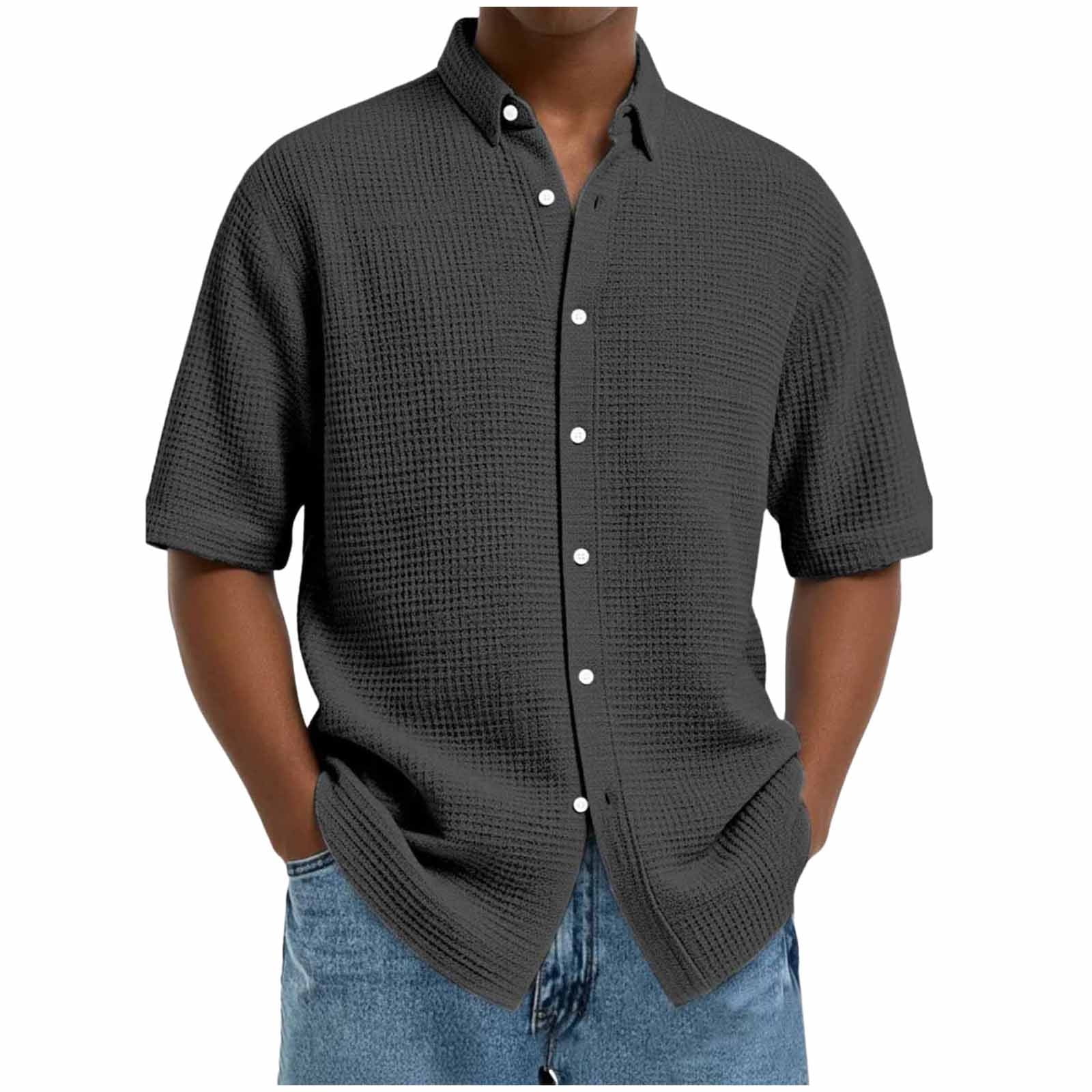 Generic Men's Waffle Button Down Shirt Lightweight Loose Short Sleeve ...